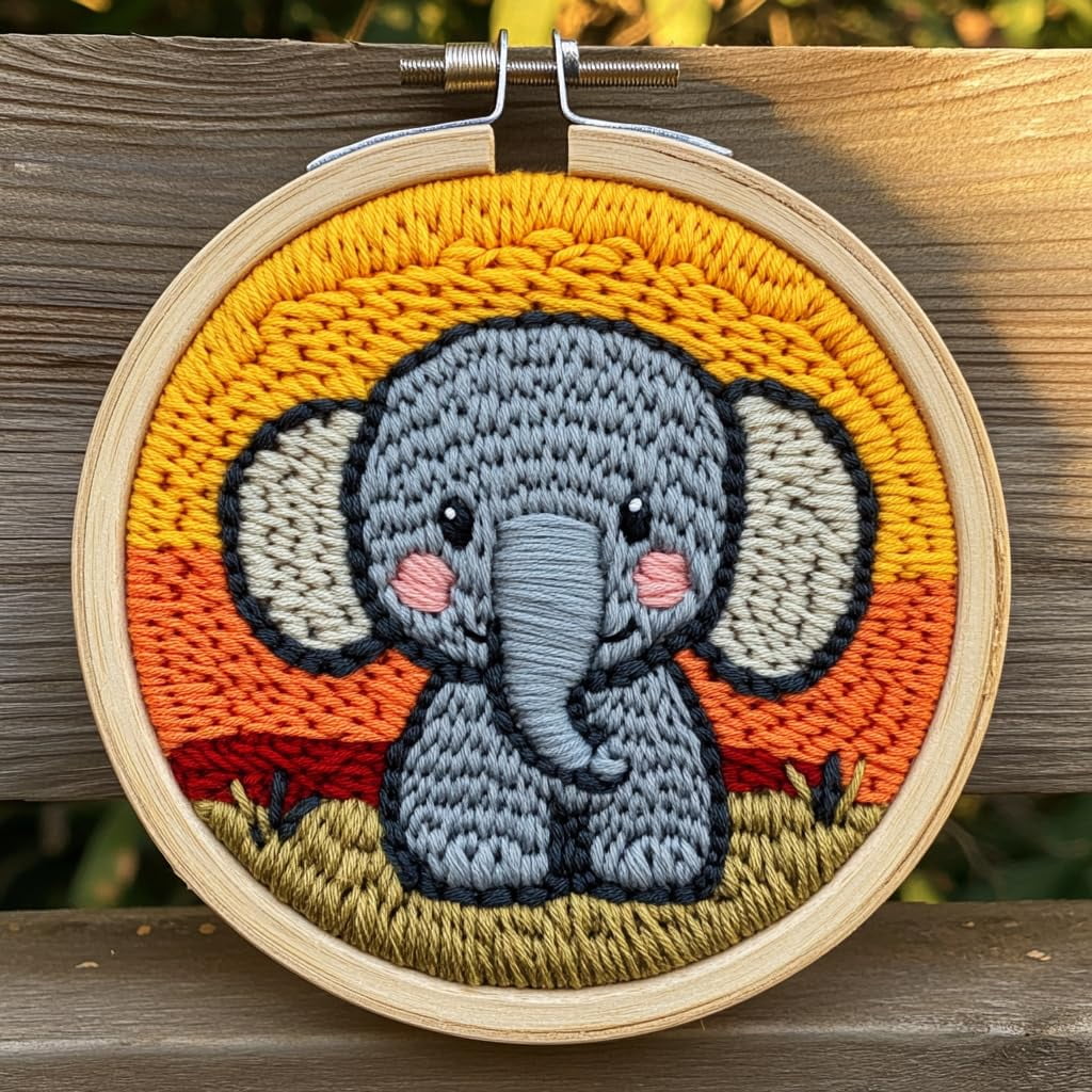 DIY Punch Needle Kits for Beginners Cartoon Grey Elephant Sunset with ...