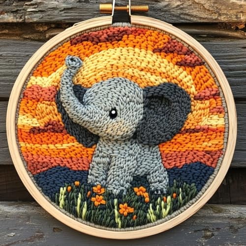 DIY Punch Needle Kits for Beginners Cartoon Grey Elephant Sunset with ...