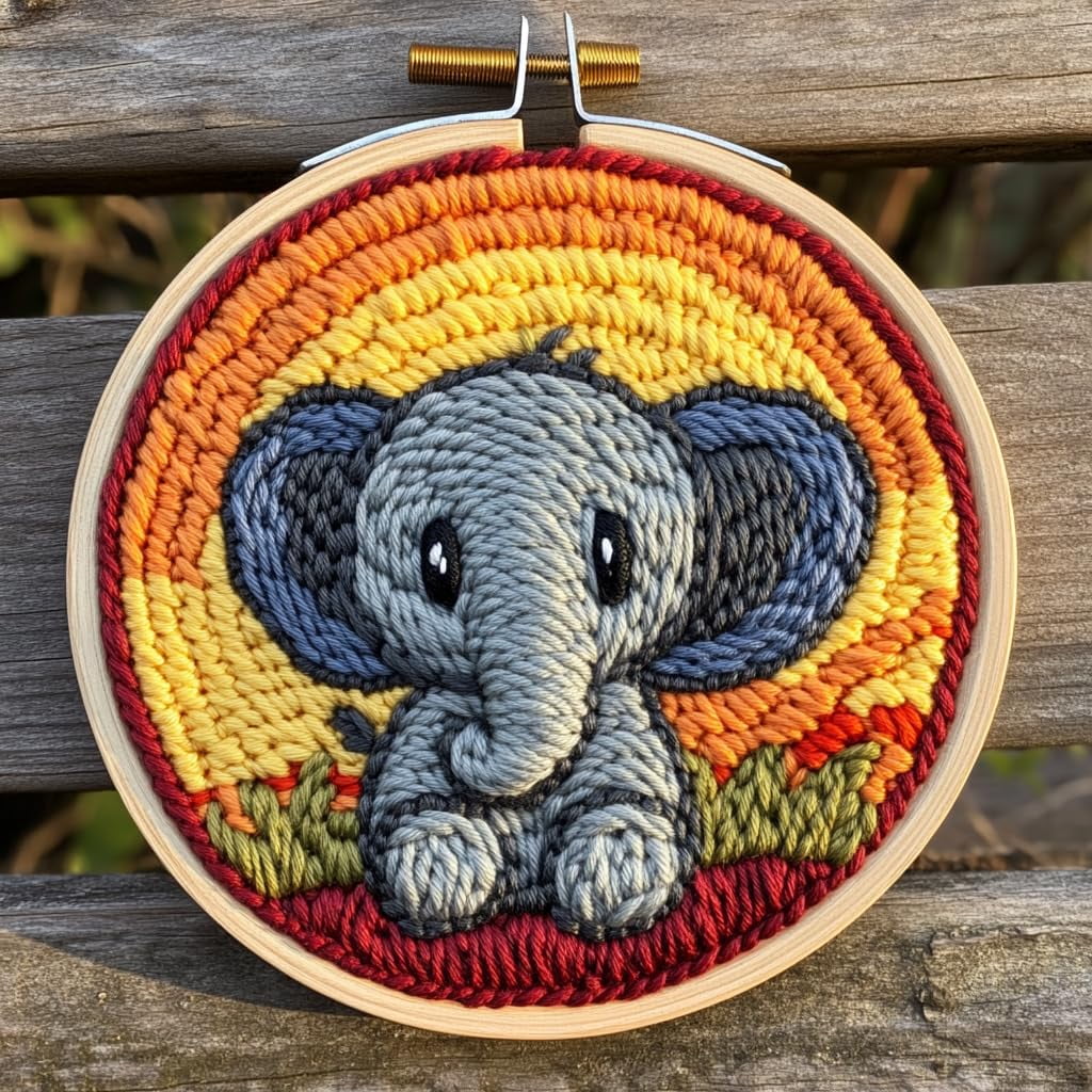 DIY Punch Needle Kits for Beginners Cartoon Grey Elephant Sunset with ...