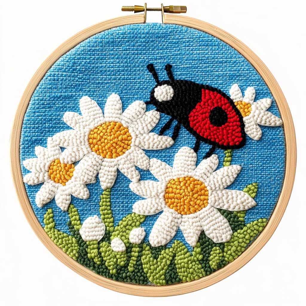 DIY Punch Needle Kits for Beginners Cartoon Ladybird on Daisy Flowers ...