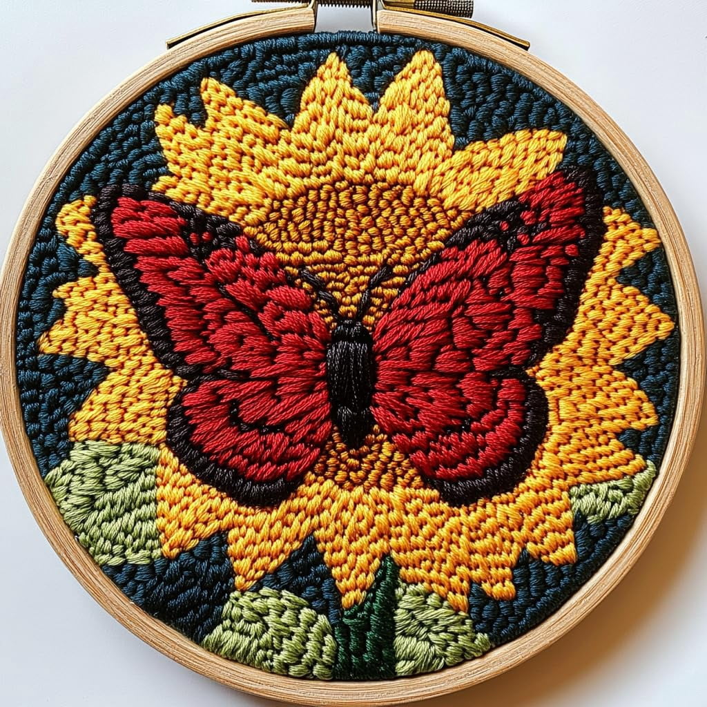 DIY Punch Needle Kits for Beginners Cartoon Red Butterfly on Sunflower ...
