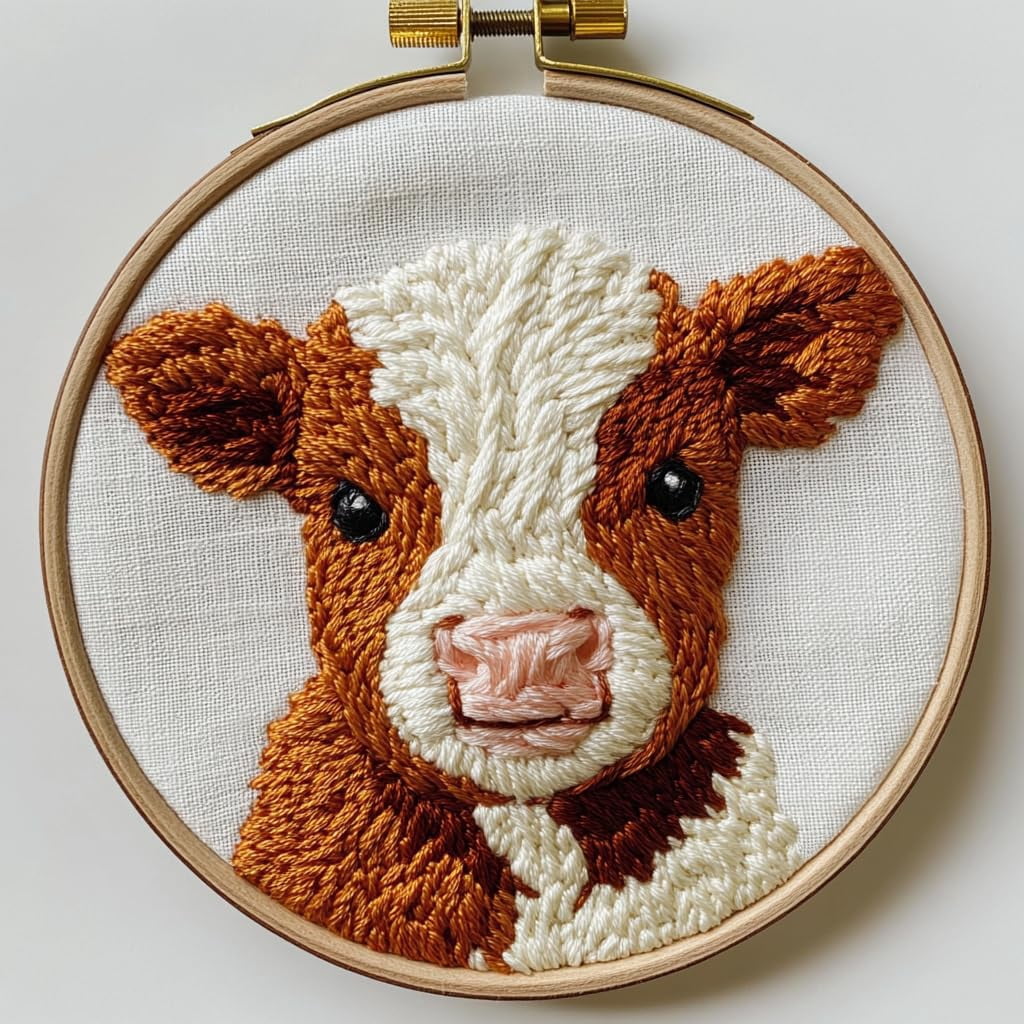 DIY Punch Needle Kits for Beginners Cute Baby Cow with Hoop Embroidery ...