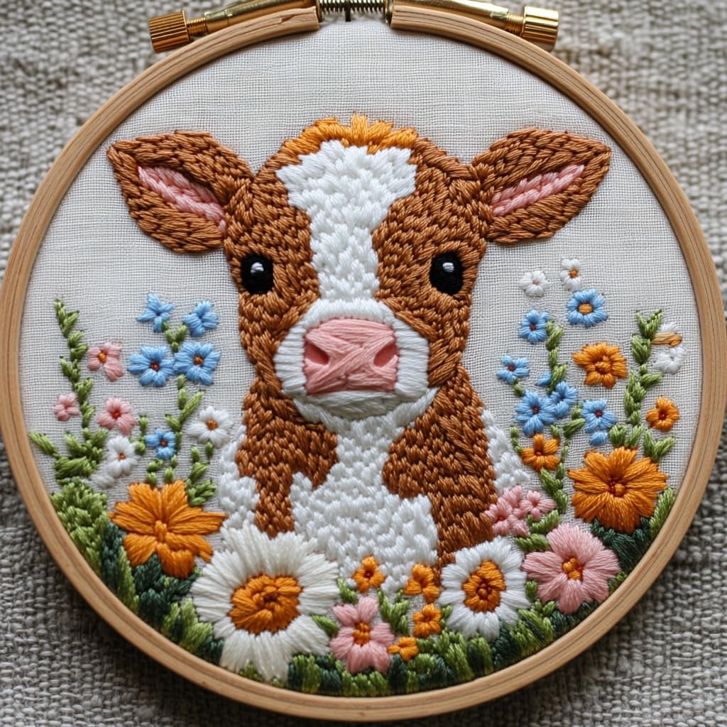 DIY Punch Needle Kits for Beginners Cute Baby Dairy Cow Eating Grass ...