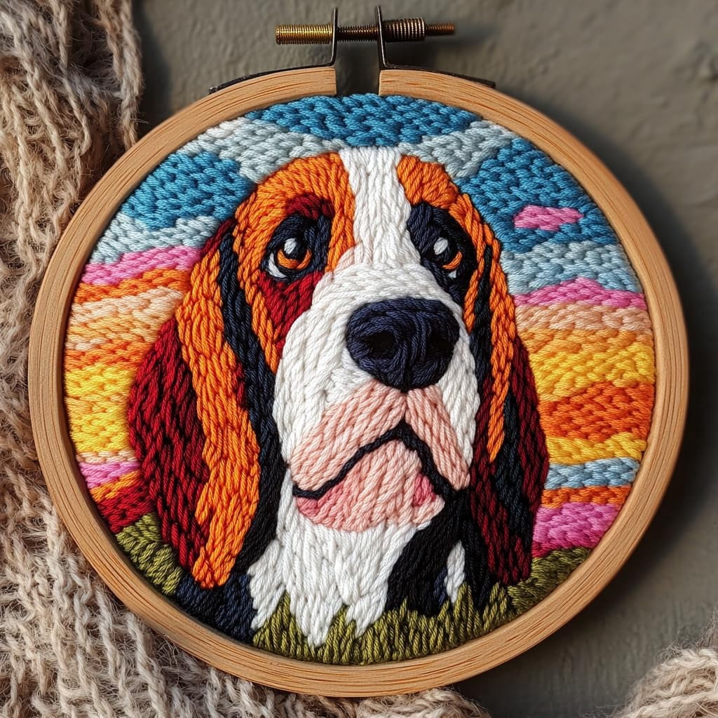 DIY Punch Needle Kits for Beginners Cute Basset Hound Dog with Sunset ...