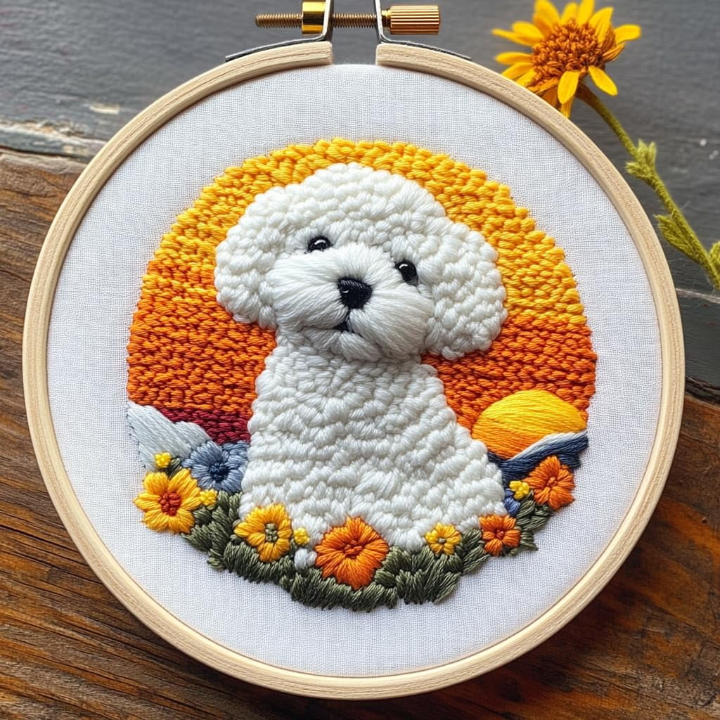 DIY Punch Needle Kits for Beginners Cute Bichon Frise Dog with Hoop ...