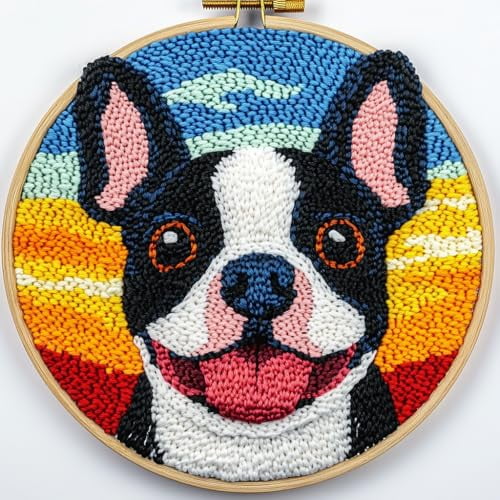 DIY Punch Needle Kits for Beginners Cute Boston Terrier Dog with Sunset ...