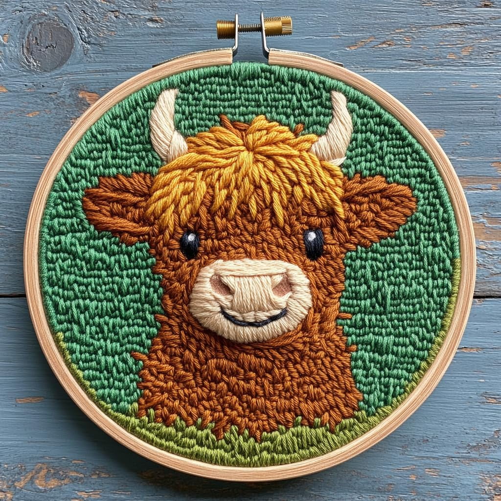 DIY Punch Needle Kits for Beginners Cute Cartoon Highland Cow with Hoop ...