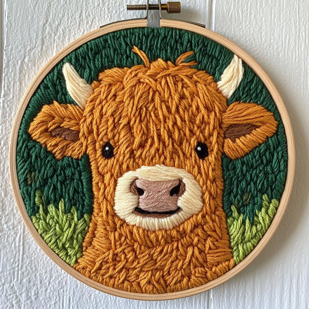 DIY Punch Needle Kits for Beginners Cute Cartoon Highland Cow with Hoop ...