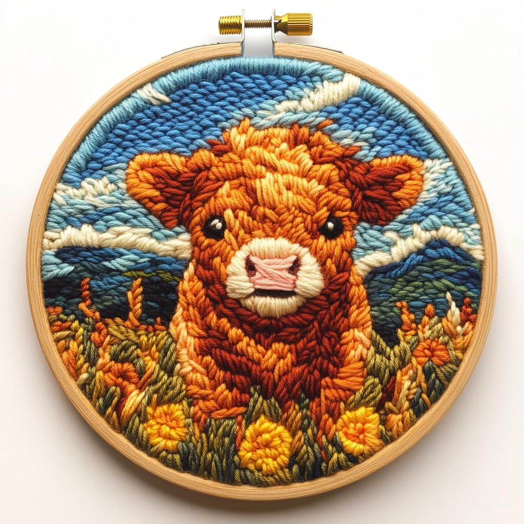 DIY Punch Needle Kits for Beginners Cute Cartoon Highland Cow with Pure ...