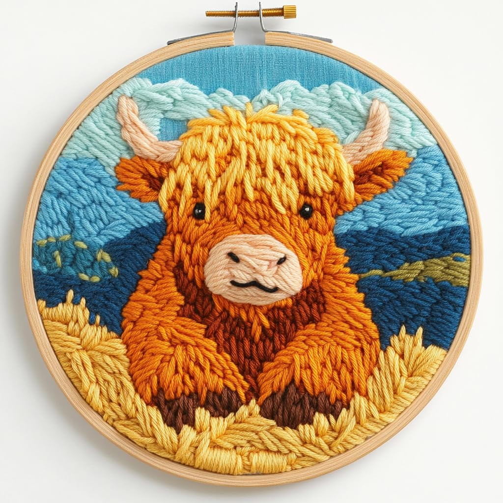 DIY Punch Needle Kits for Beginners Cute Cartoon Highland Cow with Pure ...