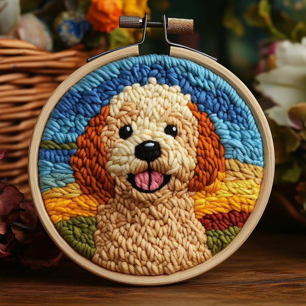 DIY Punch Needle Kits for Beginners Cute Golden Doodle with Sunset with ...