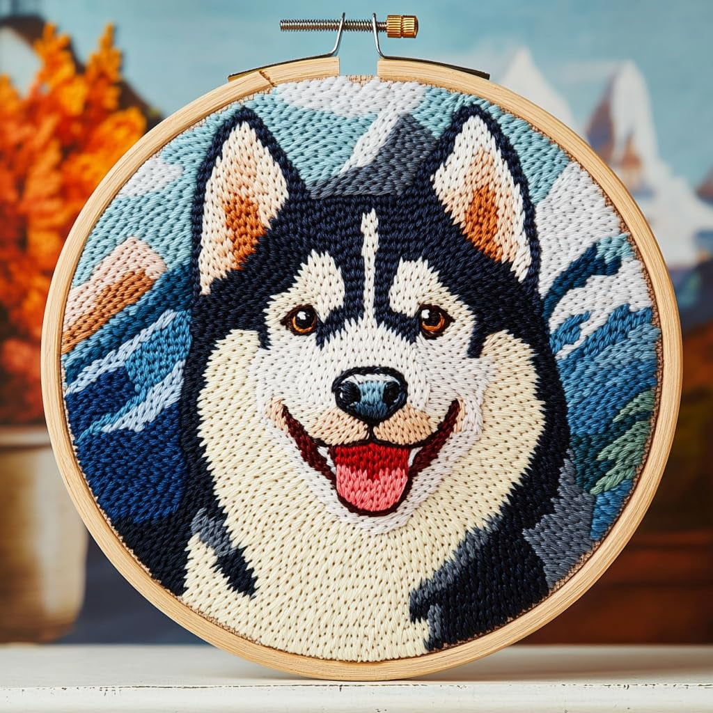 DIY Punch Needle Kits for Beginners Cute Husky Dog with Mountain Color ...