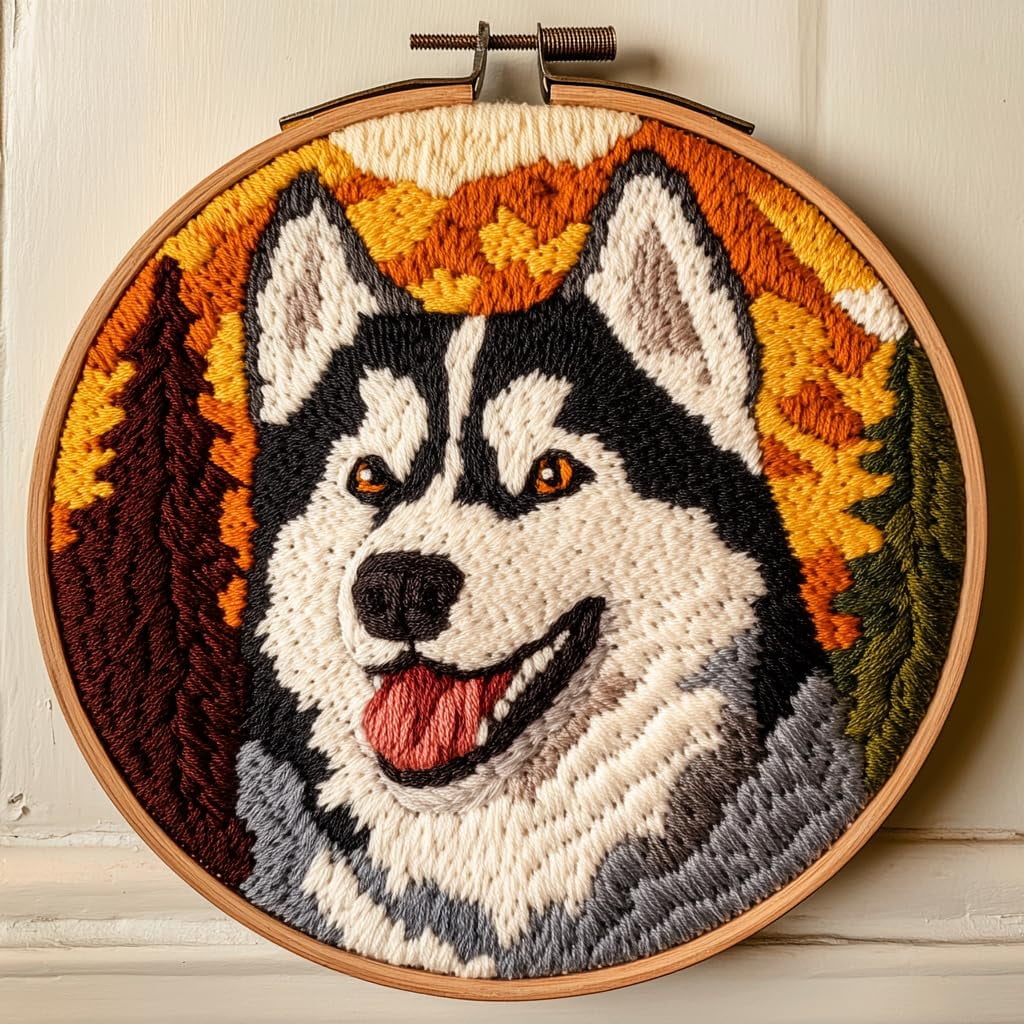DIY Punch Needle Kits for Beginners Cute Husky Dog with Mountain Color ...