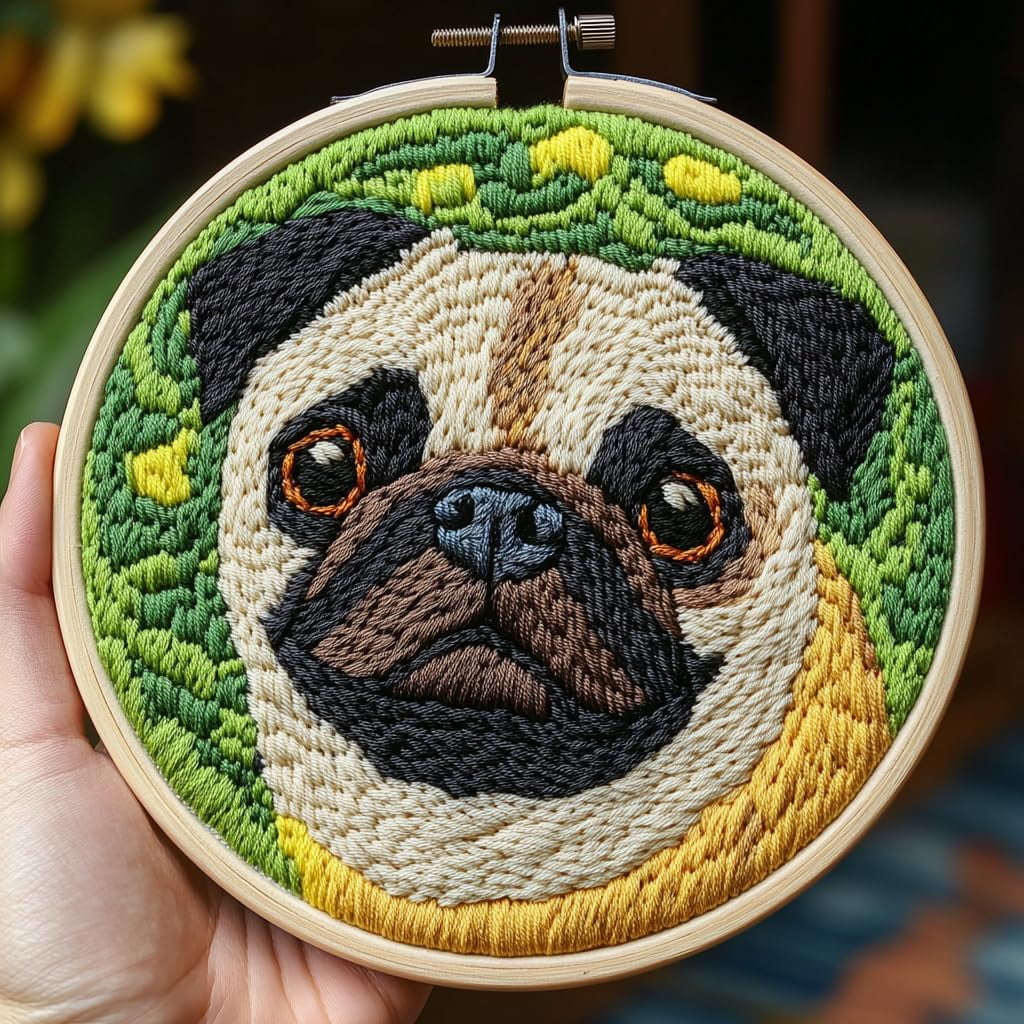 DIY Punch Needle Kits for Beginners Cute Pug Dog with Green Color ...