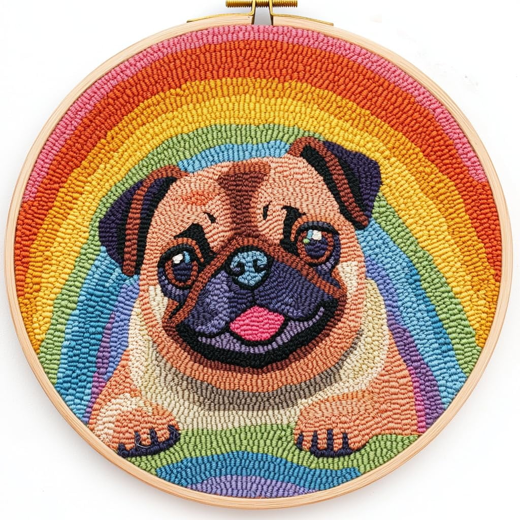 DIY Punch Needle Kits for Beginners Cute Pug Dog with Rainbow with Hoop ...
