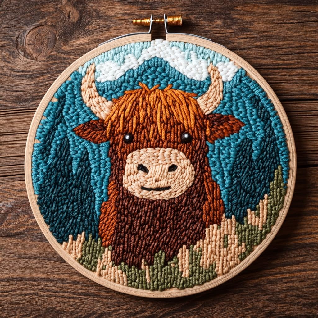 DIY Punch Needle Kits for Beginners Highland Cow with Hoop Embroidery ...