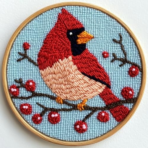 DIY Punch Needle Kits for Beginners Red Cardinal Bird on Red Berry Tree ...