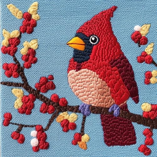 DIY Punch Needle Kits for Beginners Red Cardinal Bird on Red Berry Tree ...