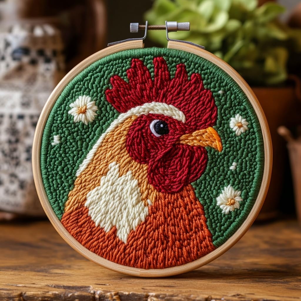 DIY Punch Needle Kits for Beginners Red Rooster with Green Background ...