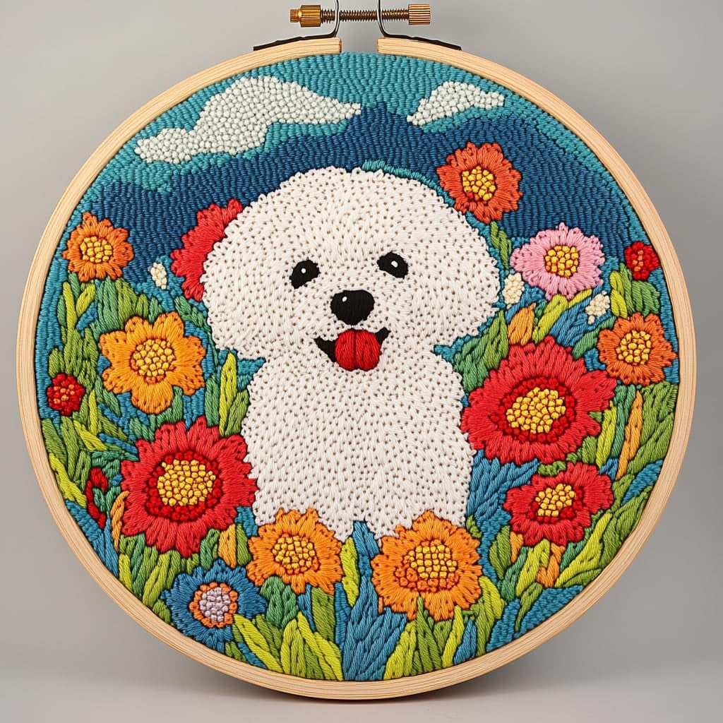DIY Punch Needle Kits Bichon Frise Dog in Flowers Easy for Beginners ...