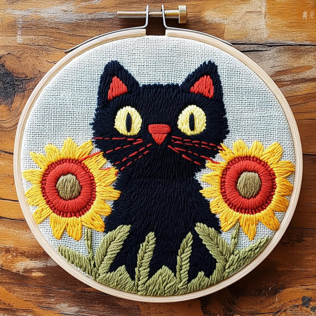 DIY Punch Needle Kits Bkack Cat under Sunflowers Easy for Beginners Punch Needle Embroidery Set ...