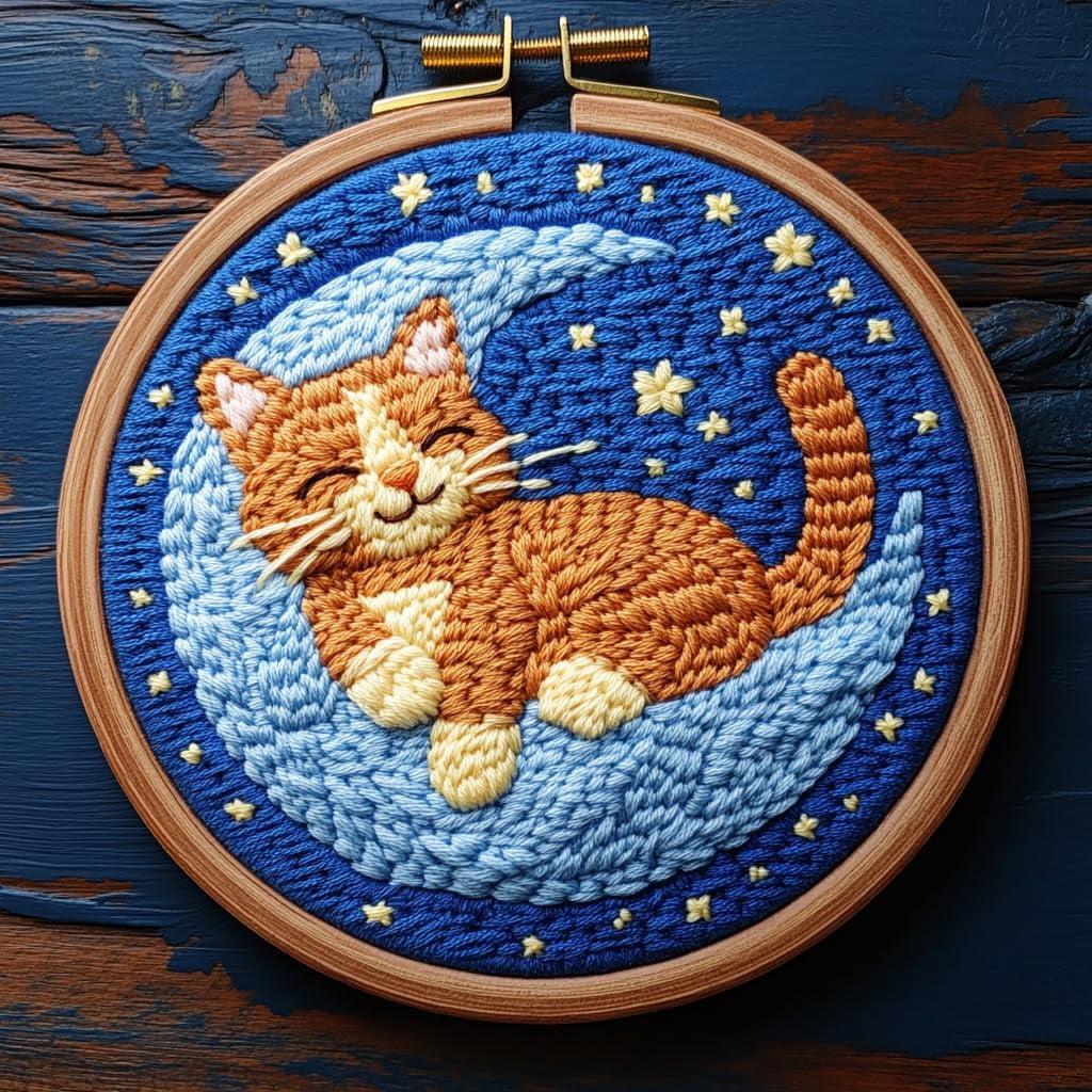 DIY Punch Needle Kits Cartoon Cat Sleep on Moon Embroidery Punch Needle ...