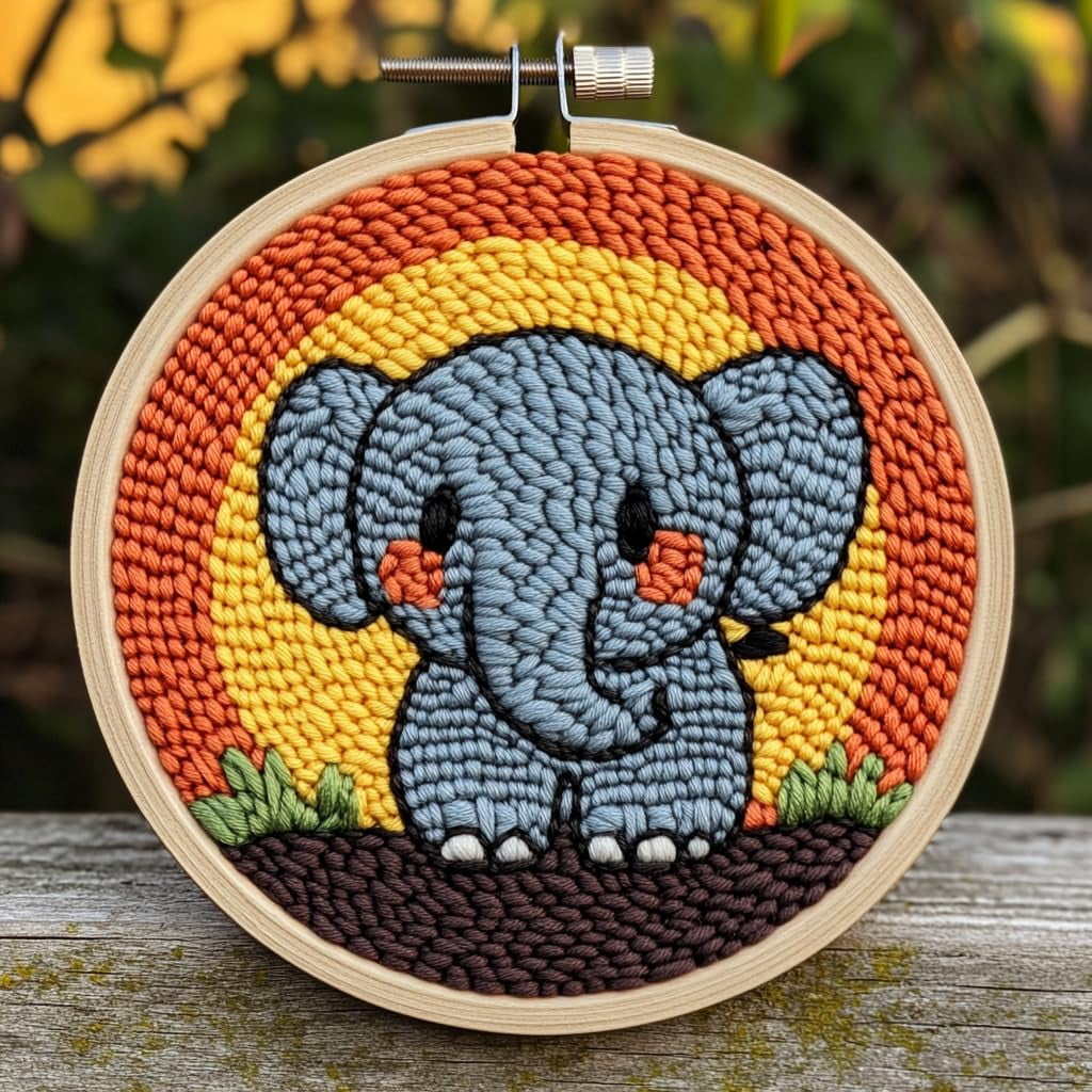DIY Punch Needle Kits Cartoon Grey Elephant with Sunset Embroidery ...