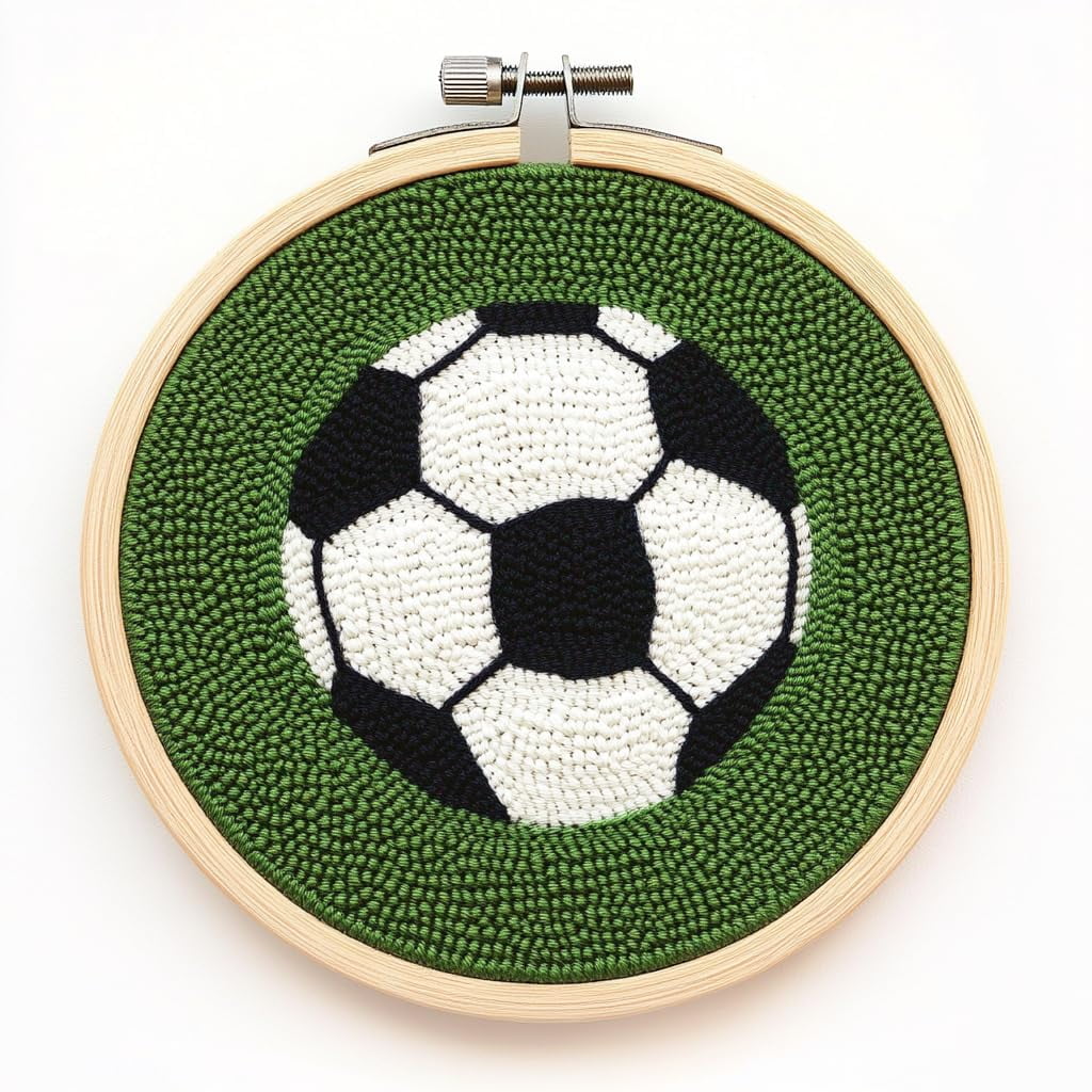 DIY Punch Needle Kits Cartoon Soccer Ball on Green Grassland Embroidery ...