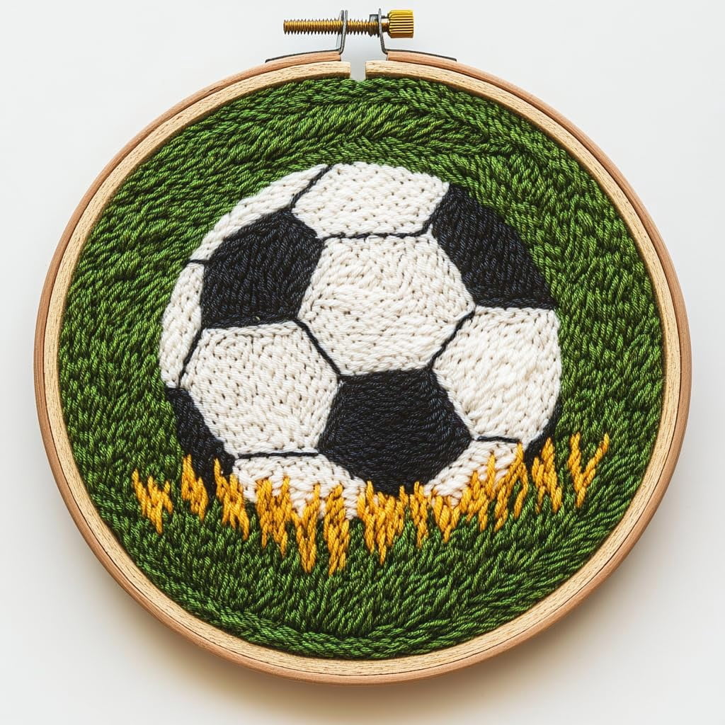 DIY Punch Needle Kits Cartoon Soccer Ball on Green Grassland Embroidery ...