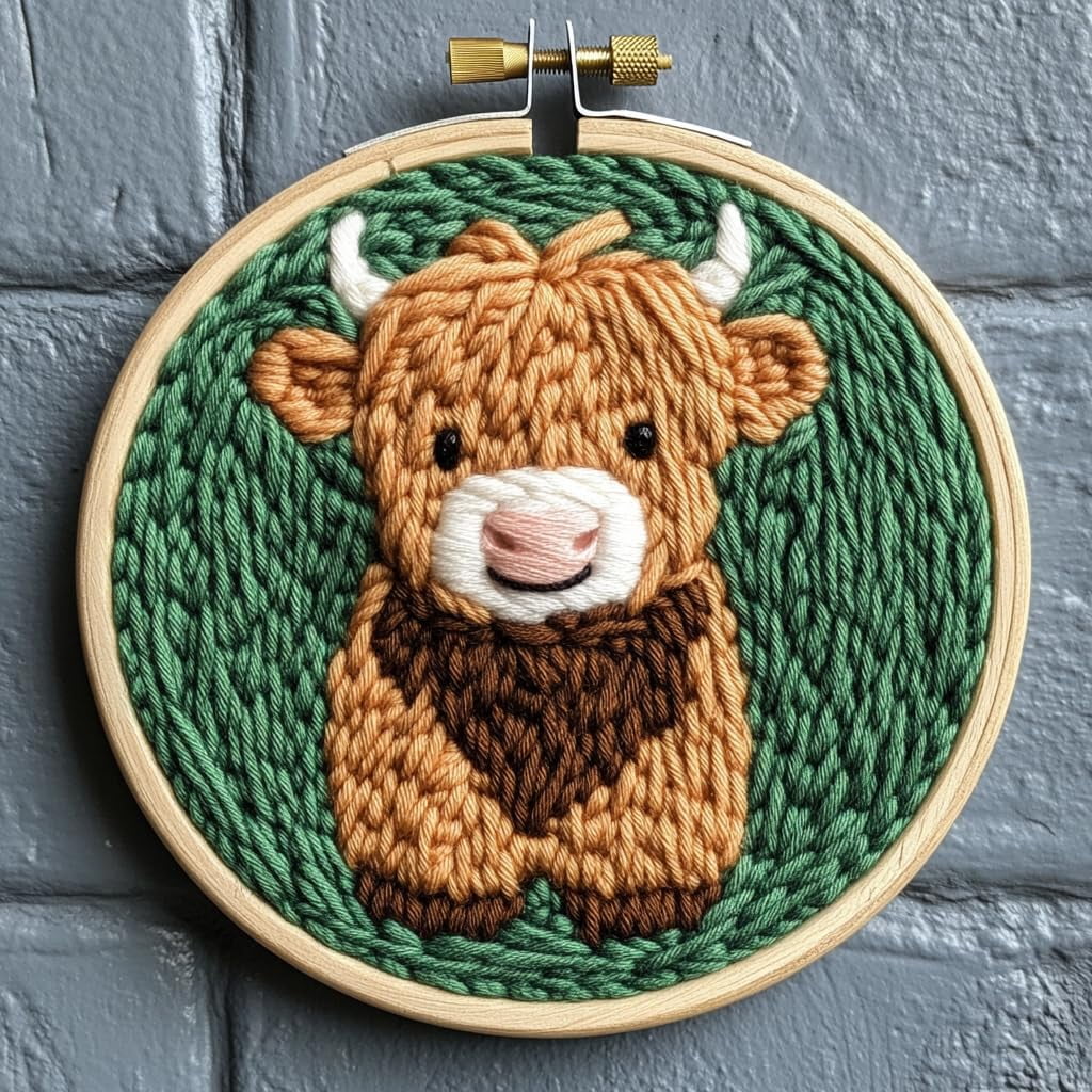 DIY Punch Needle Kits Cute Baby Highland Cow on Grassland Embroidery ...