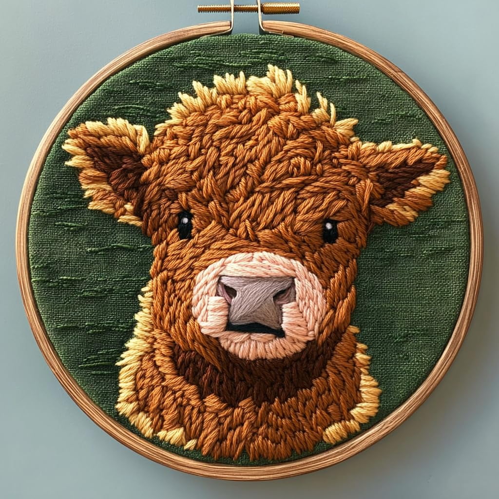 DIY Punch Needle Kits Cute Baby Highland Cow on Grassland Embroidery ...
