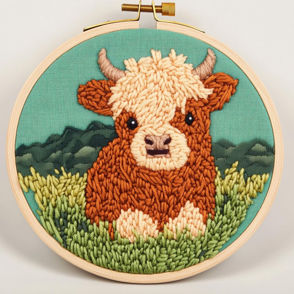 DIY Punch Needle Kits Cute Baby Highland Cow on Grassland Embroidery ...