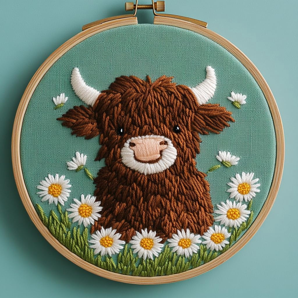 DIY Punch Needle Kits Cute Brown Highland Cow in Daisy Flowers Easy for ...
