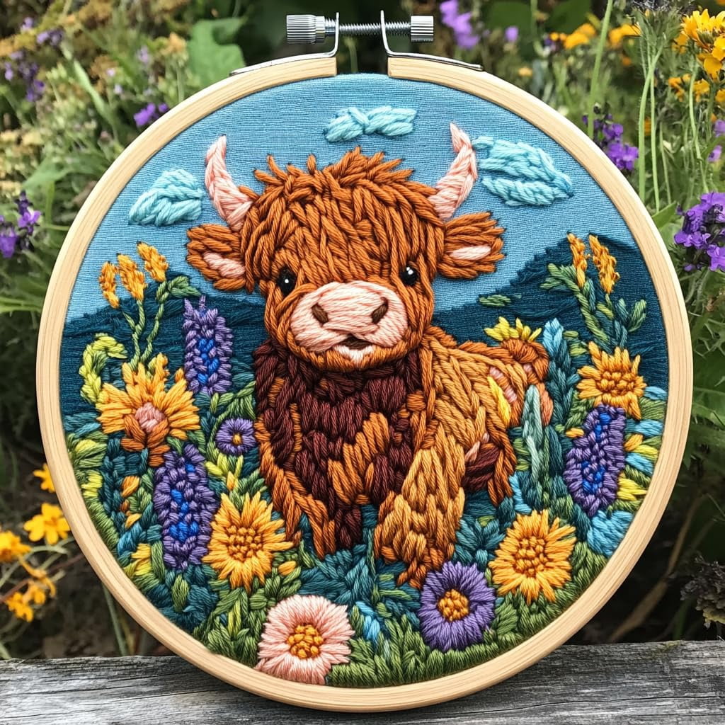 DIY Punch Needle Kits Cute Brown Highland Cow in Flowers Easy for ...