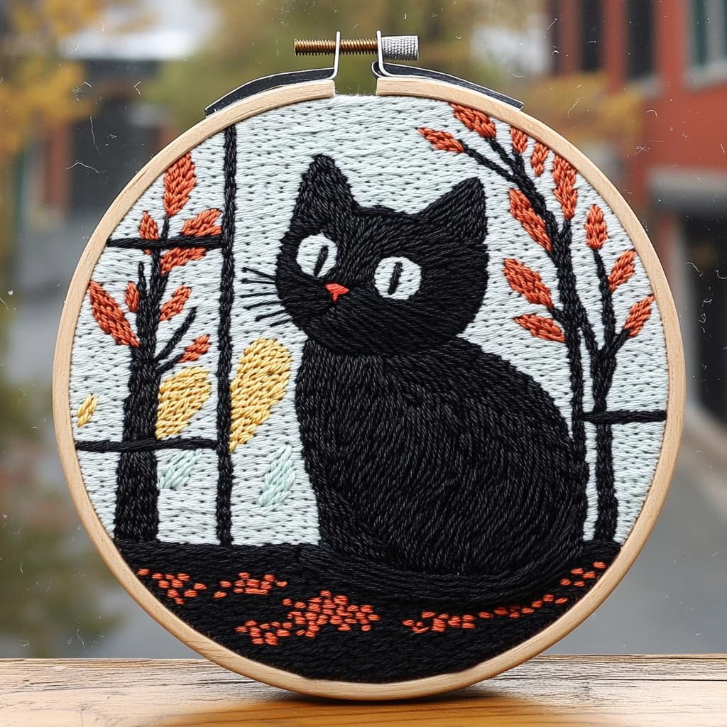 DIY Punch Needle Kits Cute Cartoon Black Cat Back Sit on Window ...