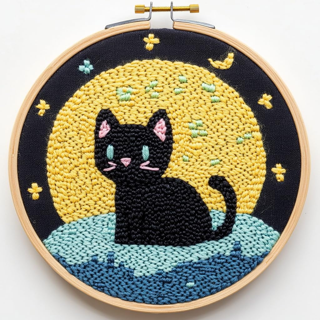 DIY Punch Needle Kits Cute Cartoon Black Cat on Moon Embroidery Punch ...