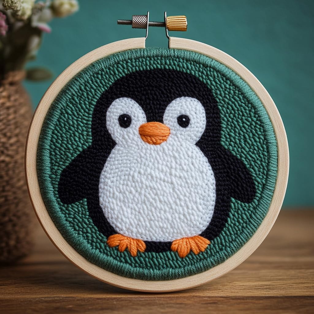DIY Punch Needle Kits Cute Cartoon Penguin with Green Color Embroidery ...