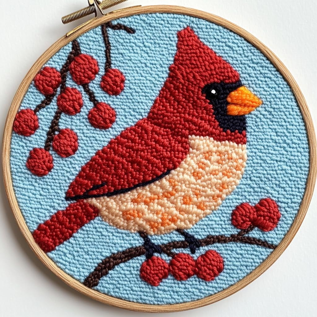DIY Punch Needle Kits Cute Cartoon Red Cardinal Bird on Red Berry Tree ...