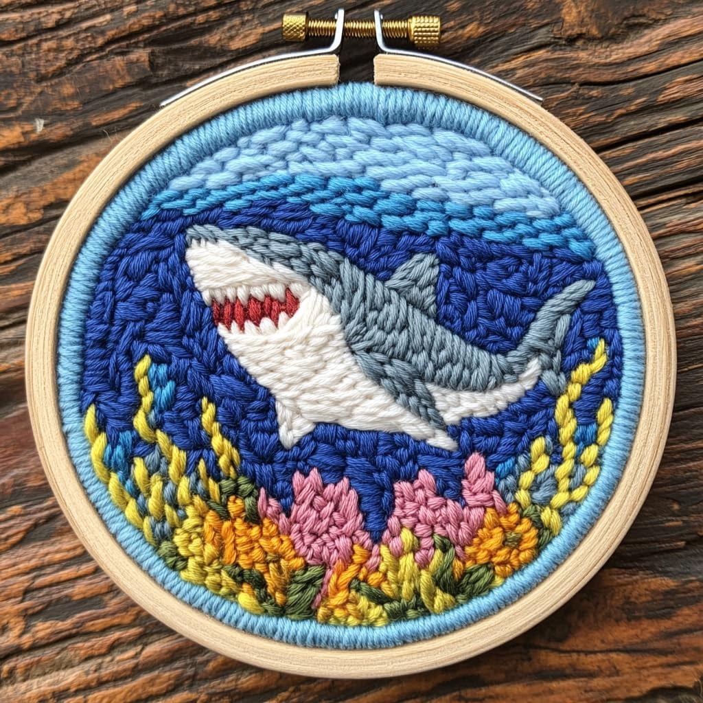 DIY Punch Needle Kits Cute Cartoon Sea Shark in Sea Embroidery Punch ...