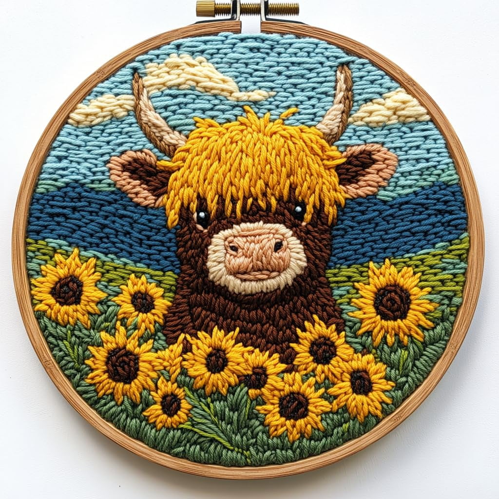 DIY Punch Needle Kits Cute Highland Cow in Sunflowers Easy for ...
