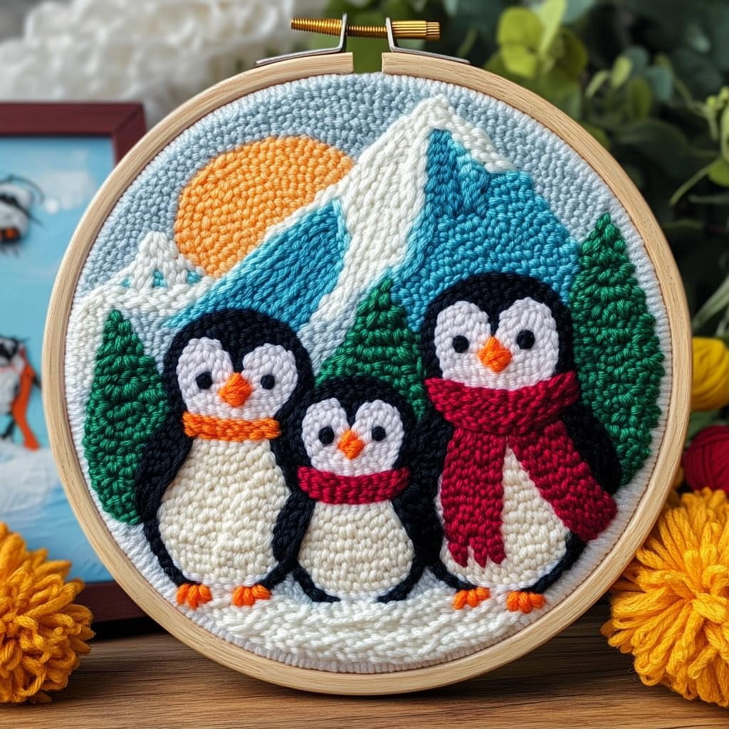 DIY Punch Needle Kits Cute Penguins Family Snow Mountain Easy for ...