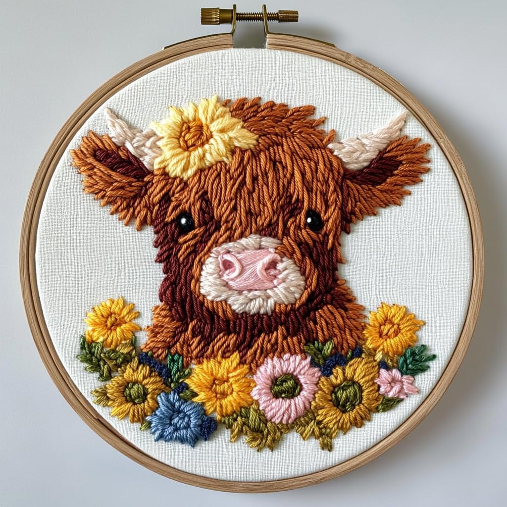 DIY Punch Needle Kits Little Highland Cow in Flowers Easy for Beginners ...