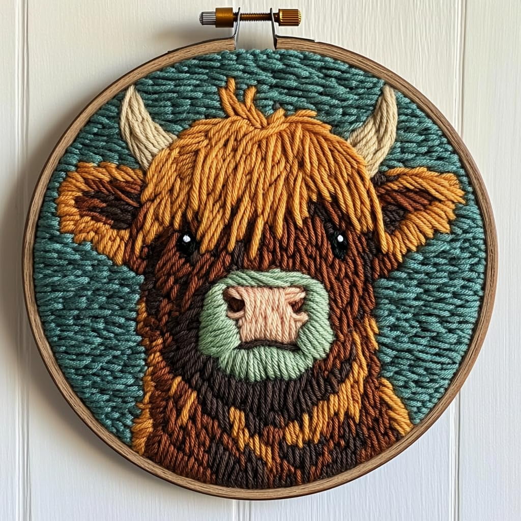 DIY Punch Needle kits A Baby Highland Cow on Green Grass Easy for ...