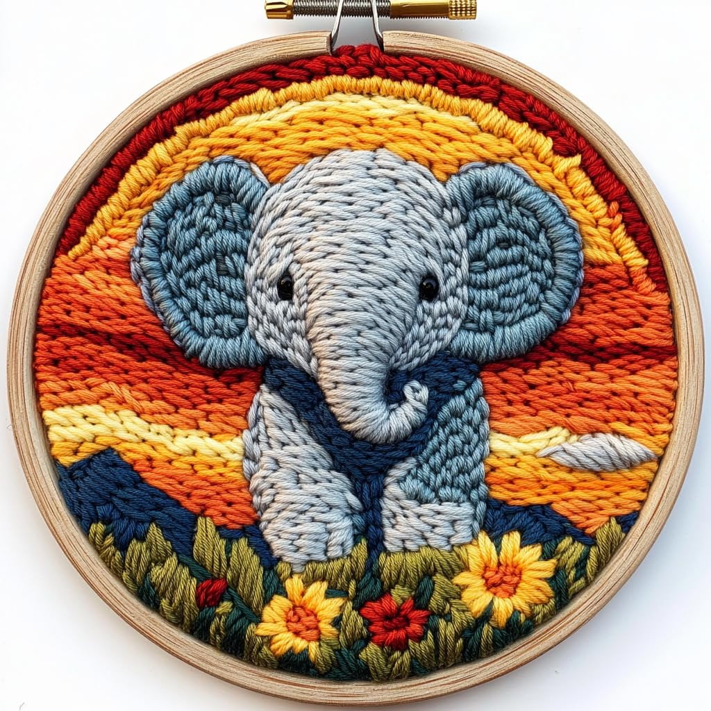 DIY Punch Needle kits A Cartoon Baby Grey Elephant with Sunset Easy for ...