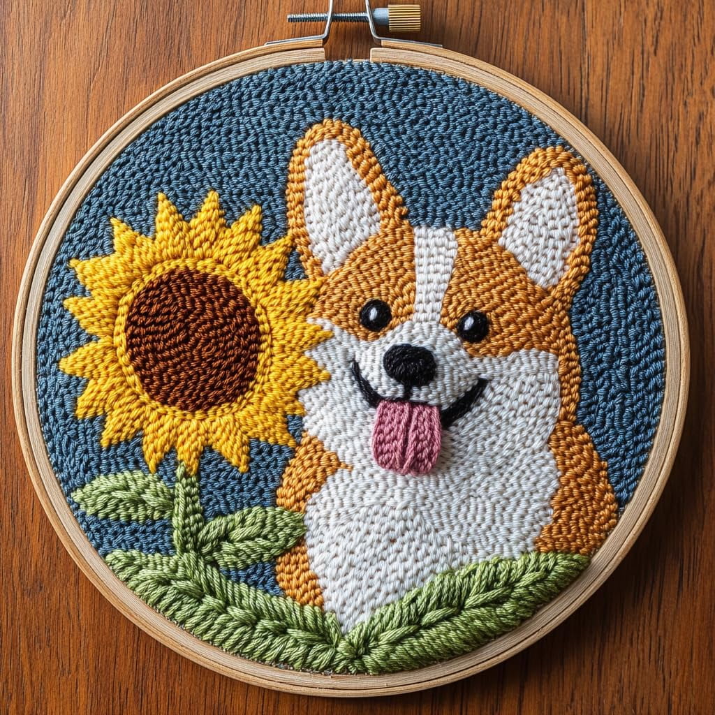 DIY Punch Needle kits Cartoon Corgi Dog Sunflower Easy for Beginners ...