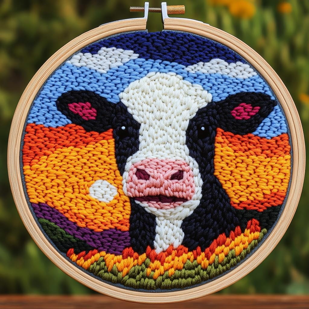 DIY Punch Needle kits A Cartoon Cute Dairy Cow with Sunset Easy for ...