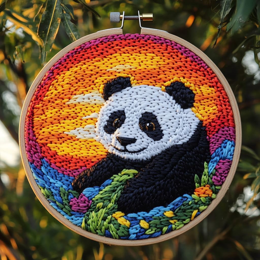 DIY Punch Needle kits A Cartoon Cute Panda with Sunset Easy for ...