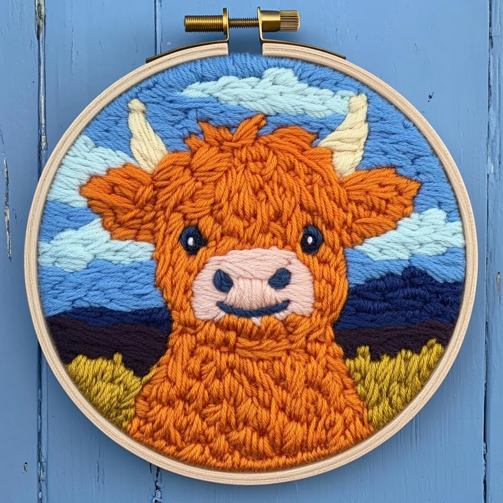 DIY Punch Needle kits Cute Baby Highland Cow Night Scene Easy for ...