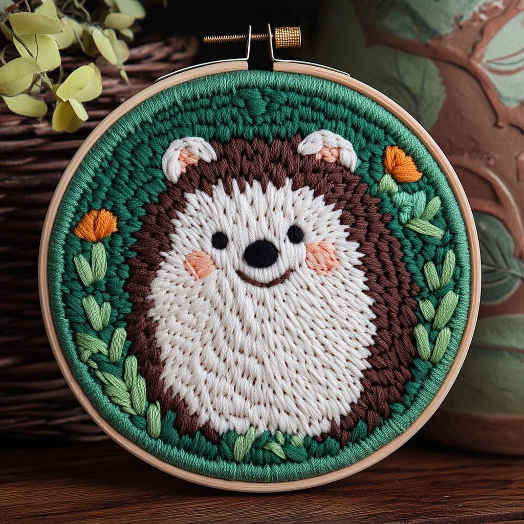 DIY Punch Needle kits Cute Hedgehog with Green Grassland Easy for ...