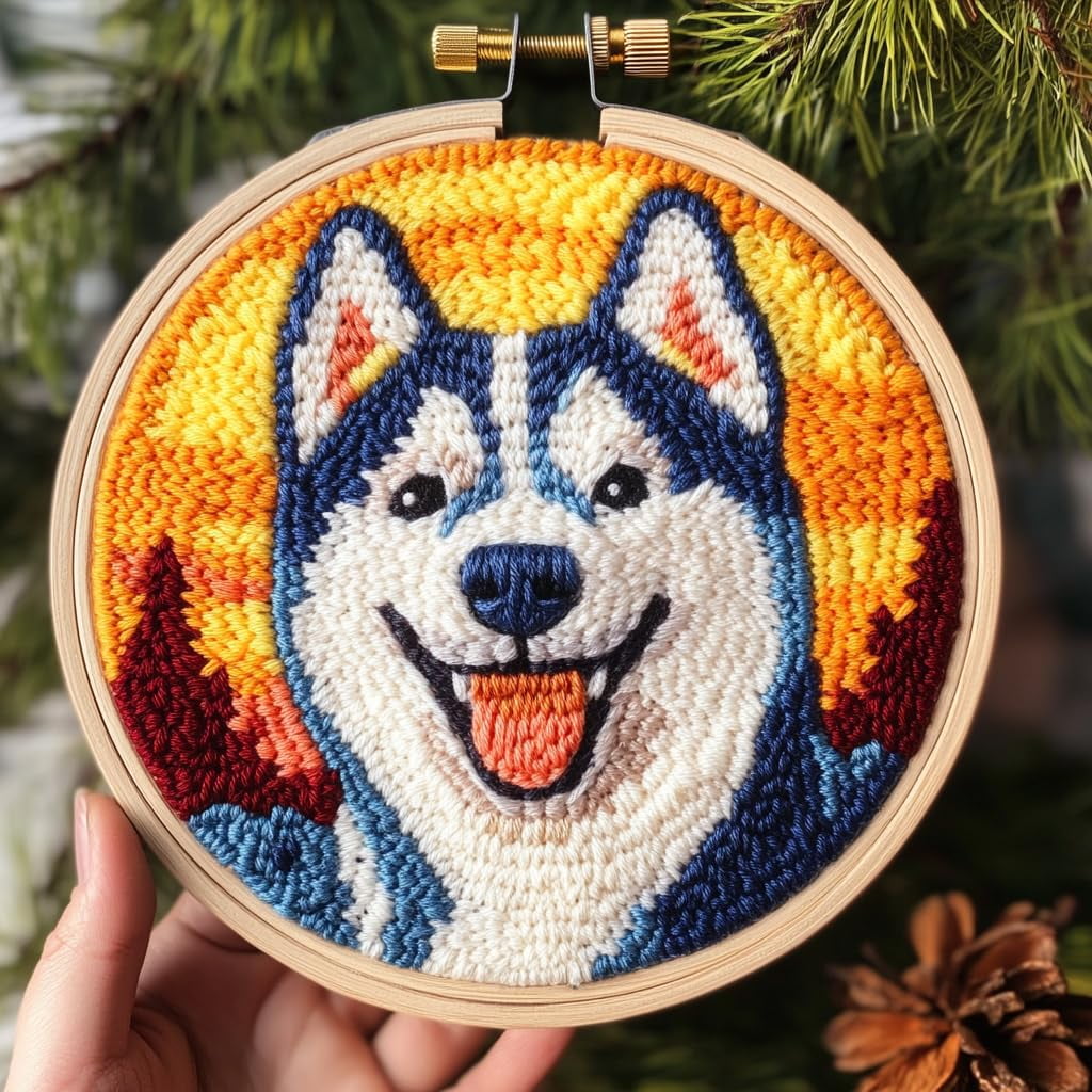 DIY Punch Needle kits Cute Husky Dog with Sunset Easy for Beginners ...